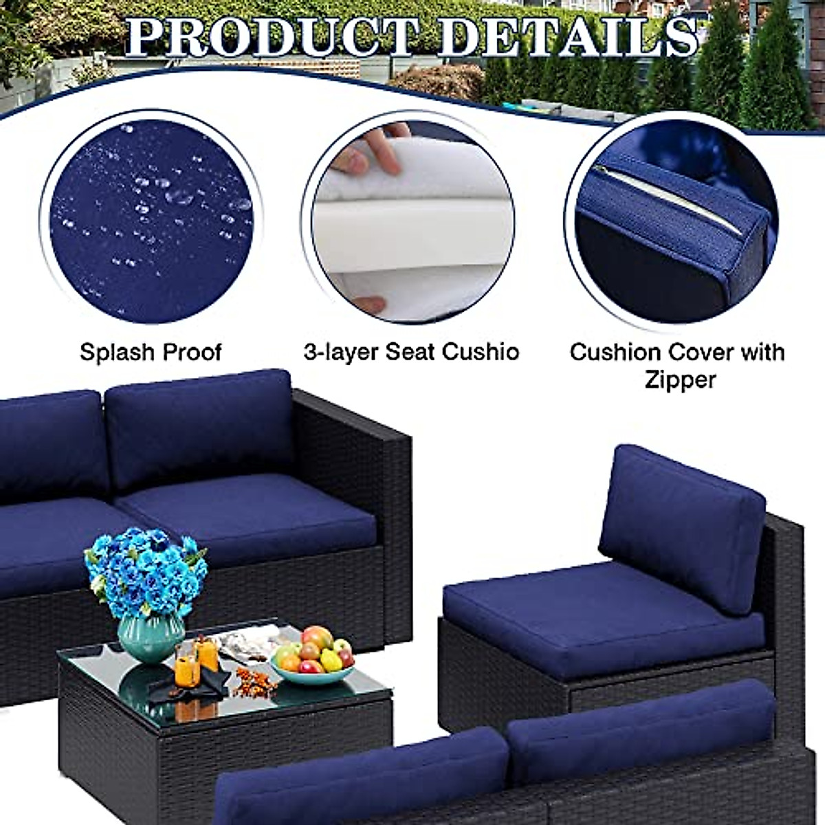 MFSTUDIO 9 Piece Patio Furniture Set,Outdoor Sectional Sofa Conversation Set with Upgrade Brown Rattan Wicker,Blue Removable Cushion&Coffee Table,Low Back Design