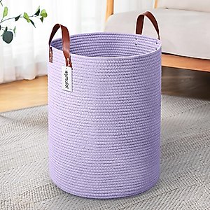 wymulot 80L Large Rope Basket, Woven Rope Storage Basket with Leather Handles, Dog Toy Storage Basket, Bedroom, Nursery Blanket Storage, Bathroom Laundry Basket, 16“x20” Tall Rope Basket (Purple)