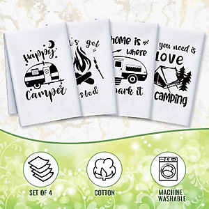 Vesici 4 Pcs Camping Kitchen Towels Camper Dish Towels Set White Kitchen Hand Towels Retro RV Camping Car Fun Theme Dish Towels and Dish Cloth for Farmhouse Sayings Quotes Tea Towels for Women