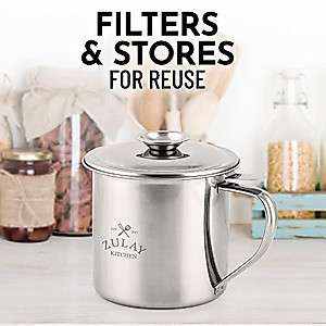 Zulay Kitchen Bacon Grease Container With Strainer - 1L Stainless Steel Cooking Oil Container With Lid & Handle - Large Ghee Container or Bacon Fat Container Perfect For Storing Fats & Frying Oils