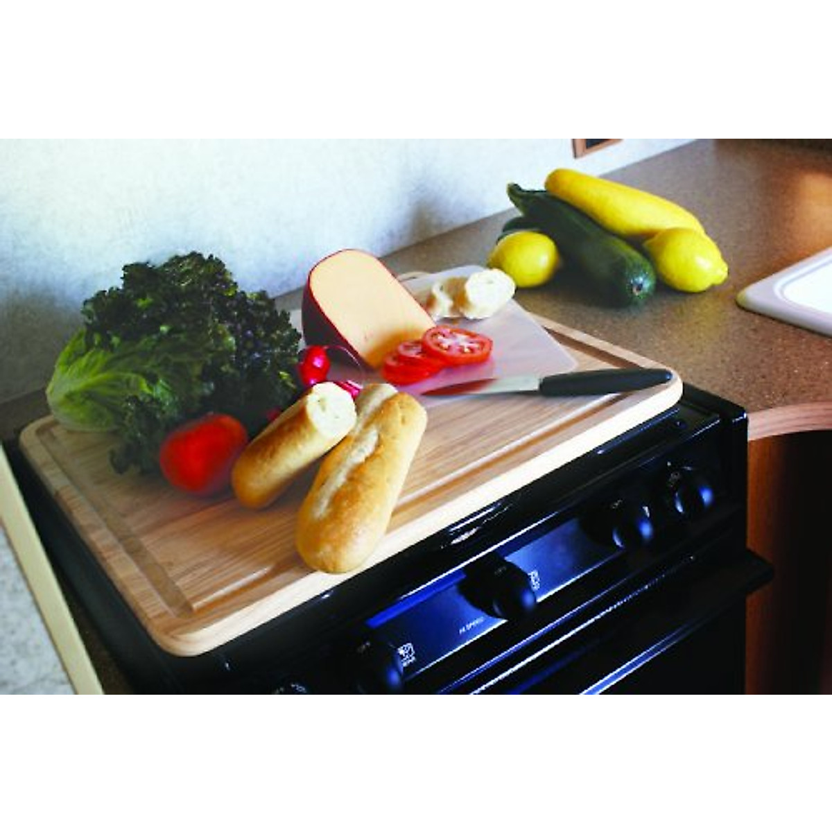 Camco - 43753-A Hardwood Cutting Board and Stove Topper With Non-Skid Backing, Includes Flexible Cutting Mat