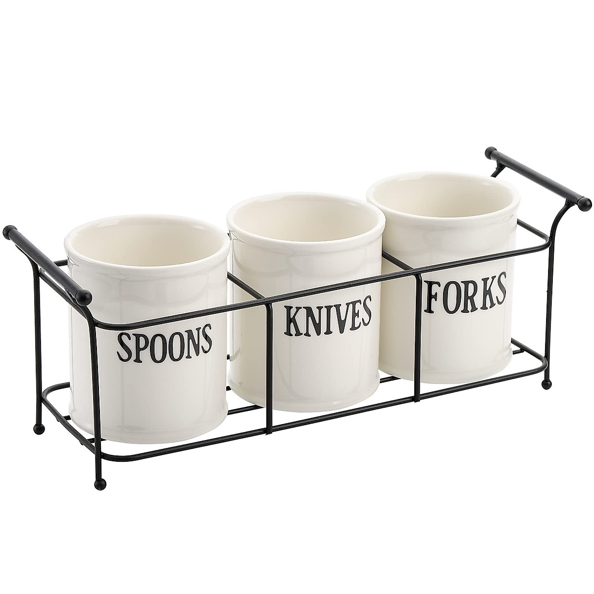Bekith 3-Piece White Ceramic Silverware Caddy with Black Metal Rack, Utensil Holder Flatware Caddy Cutlery Storage Organizer for Kitchen Table, Cabinet or Pantry
