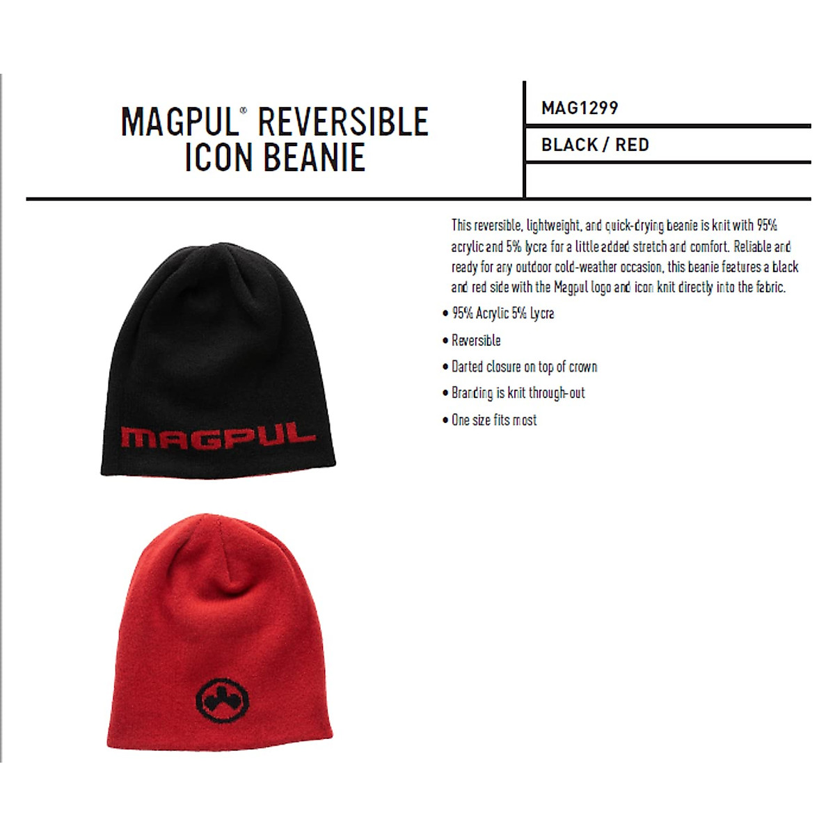 Magpul Standard Reversible Icon Beanie, Black/Red, One Size