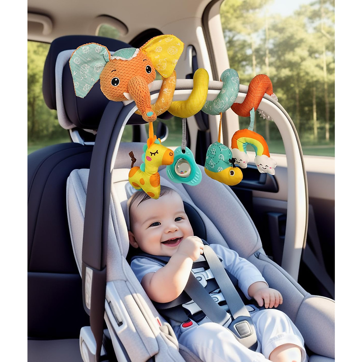 EverLove Spiral Car Seat Toys - Hanging Toys - Stroller Toys for Babies - Best Gift for 0 3 6 9 12 Months Baby (Colorful Elephant)