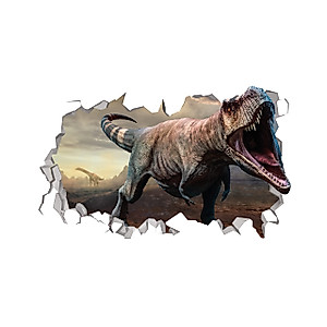 3D Dino Attack Wall Stickers - Dinosaur Wall Decal - Peel and Stick Dinosaur Smashed Wall Decor - Dinosaur Decor Boys Room - Dino Stickers for Gameroom - (30"W x 18"H (76cm x 46cm)