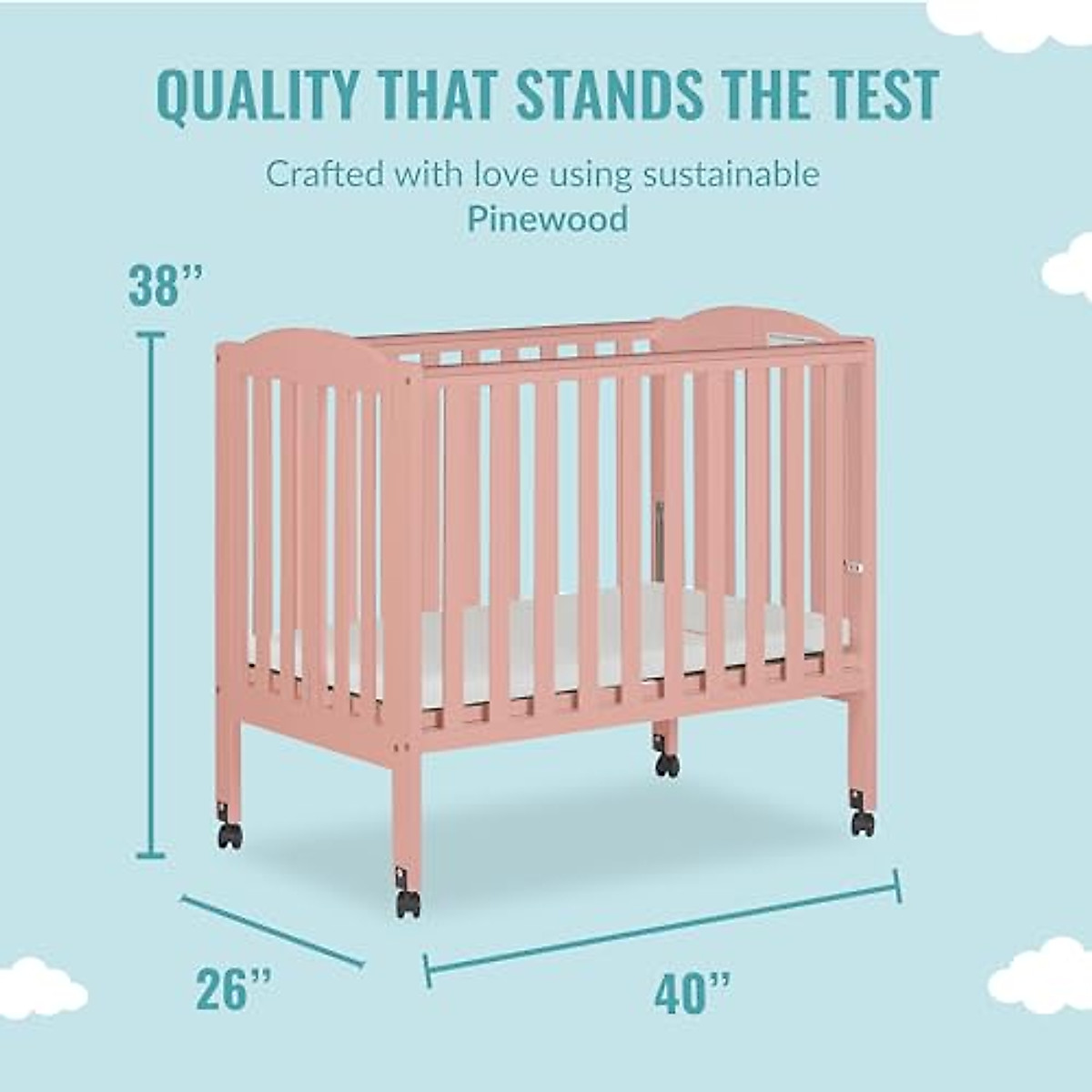 Dream On Me 2-in-1 Portable Folding Stationary Side Crib in Dusty Pink, Greenguard Gold Certified, Two Adjustable Mattress Height Positions,Made of Solid Pinewood, Flat Folding Crib