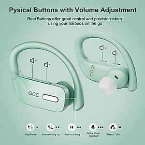 occiam Wireless Earbuds Bluetooth Headphones 48H Play Back Earphones in Ear Waterproof with Microphone LED Display for Sports Running Workout Green