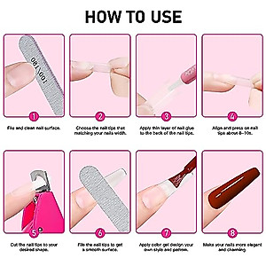 XIFEPFR 500PCS Clear Coffin Nail Tips, Half Cover False Nails Tips, Acrylic Nail Tips, 10 Sizes French Artificial Tips with Nail Glue Clipper Files Cuticle Fork for Nail Extension Home DIY Nail Salon