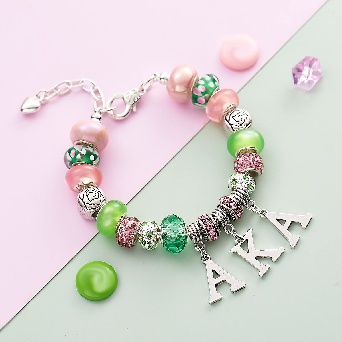 Melix Home Sorority Gifts for Women Paraphernalia Sorority Bracelet Pink and Green Jewelry Greek Crystal Charm