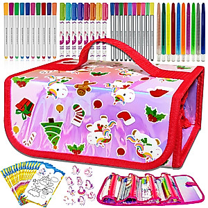 weirtoya Kids Washable Scented Markers Set with Pencil Case, Kids Art Supplies Unicorn Markers Drawing Kits with Coloring Paper & Stickers for 4-8 Years Old Girls Birthday Gifts (Christmas, Red)
