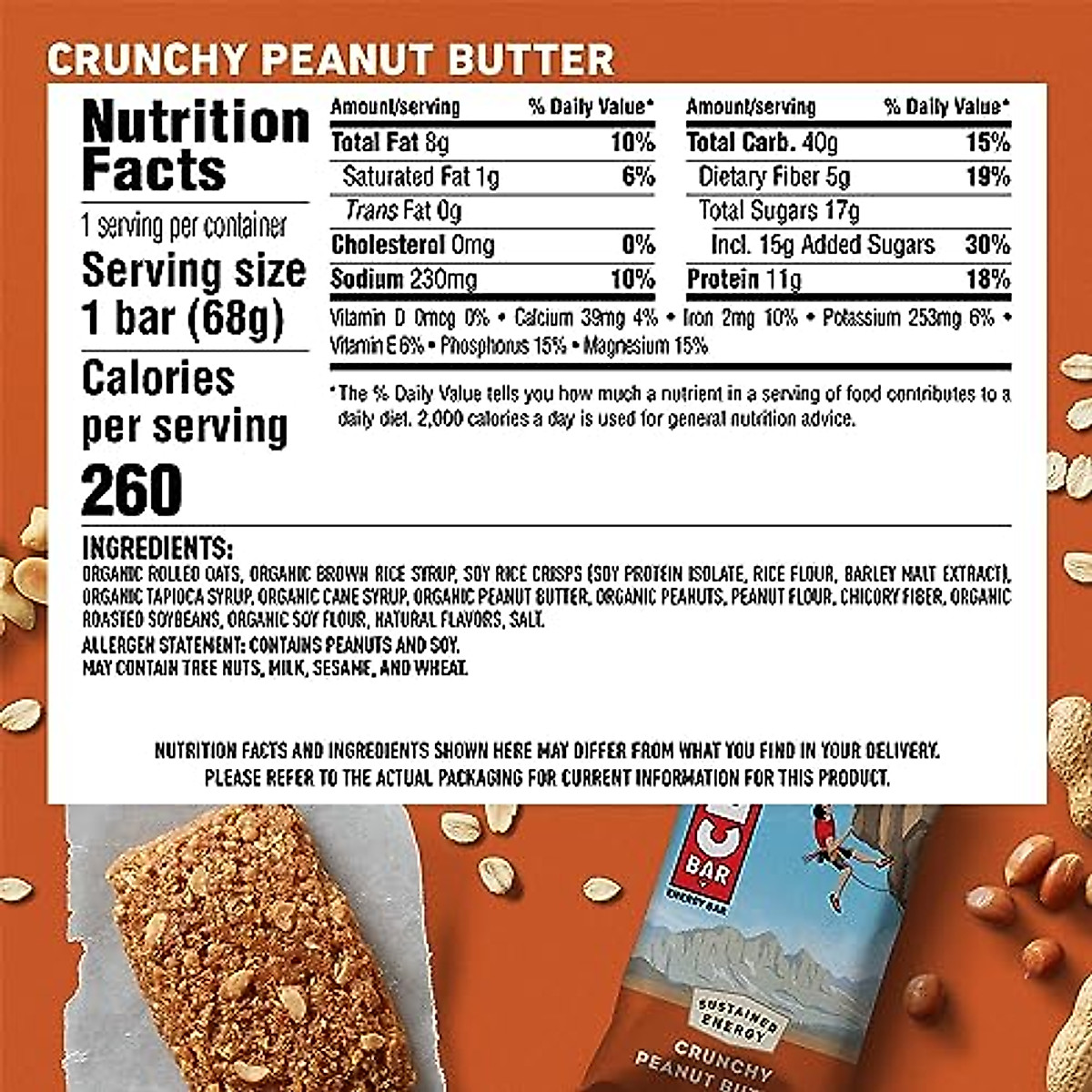 Clif Bar - Crunchy Peanut Butter - Made with Organic Oats - 11g Protein - Non-GMO - Plant Based - Energy Bars - 2.4 oz. (18 Pack)