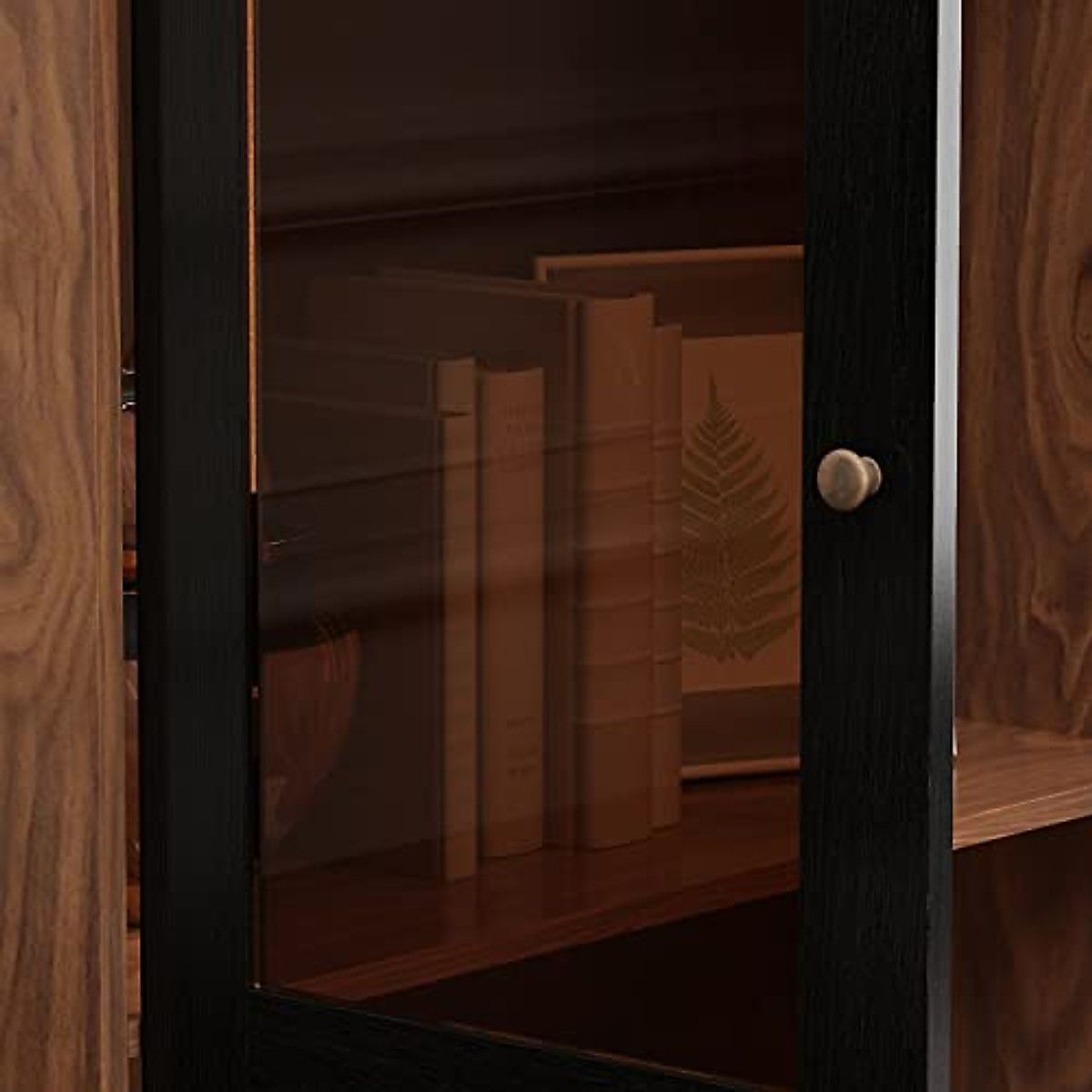 ECACAD 3-Tier Tall Bookcase Storage Cabinet with 2 Acrylic Glass Doors, Wood Bookshelf Display Cabinet with Metal Legs for Living Room & Office, Brown and Black (31.5”L x 15.9”W x 70.7”H)