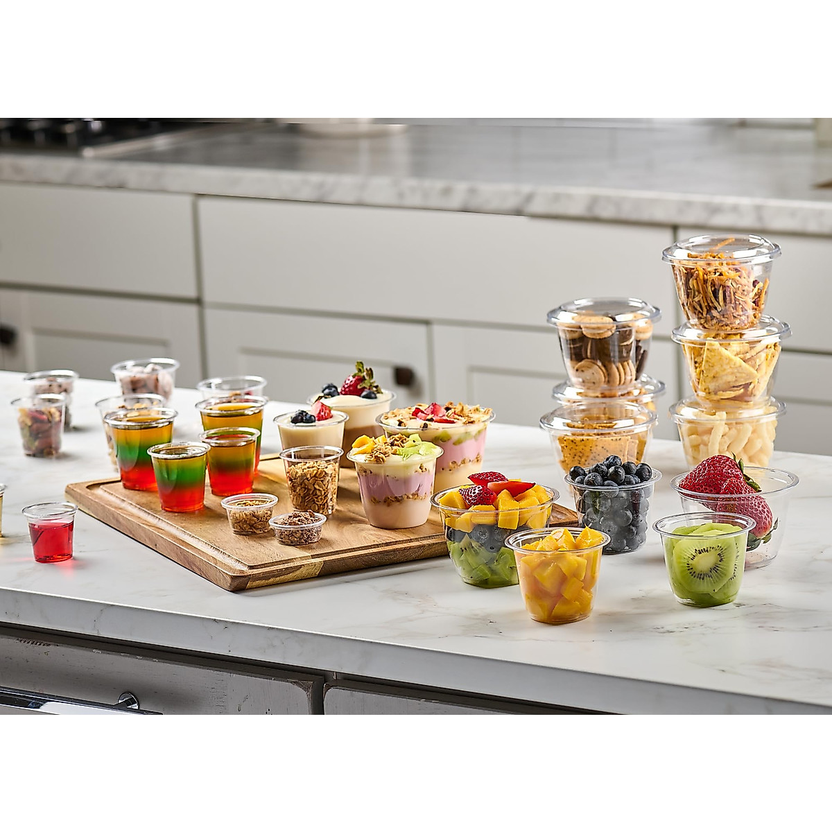 PATCHKE [ 3 OZ - 100 Cups + 100 Lids ] Jello shot Cups with Lids - Leak-Resistant, Tight fit, Easy Snap-on Lids - Clear & Fully Transparent, Tall squeezable Disposable Plastic.