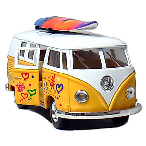 Set of 4 Vehicles: 5" 1962 VW Classic Van Flowers with Surfboard (Red, Green, Maroon and Yellow)