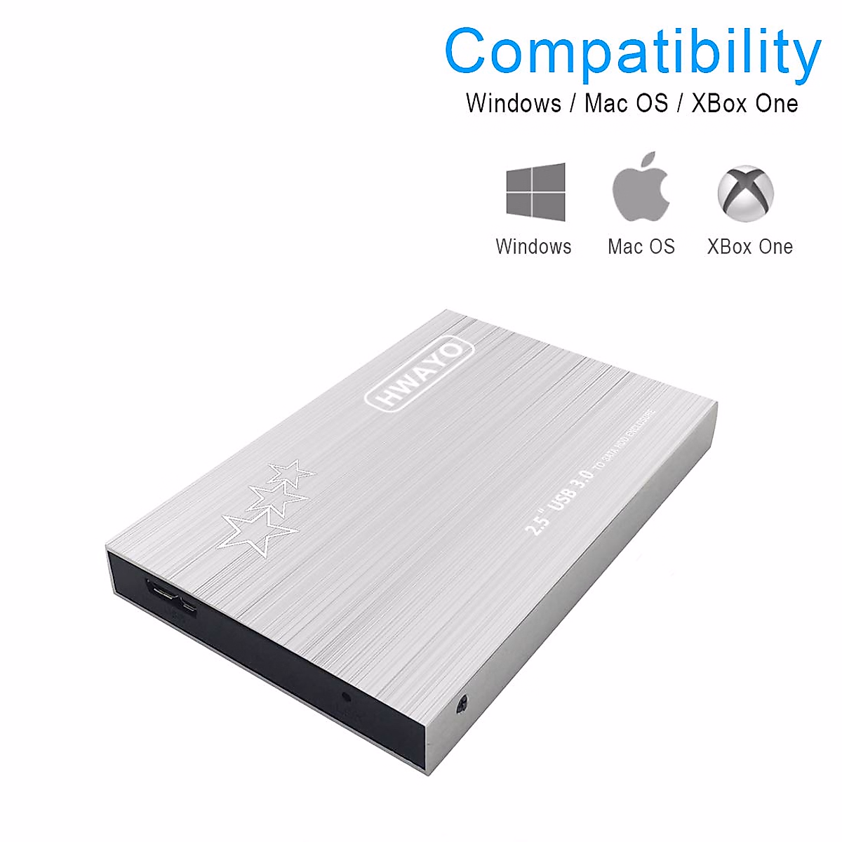 HWAYO 1TB External Hard Drive Portable 2.5'' Ultra Slim HDD Storage USB 3.0 for PC, Laptop, Mac, Chromebook, Xbox One (Silver)