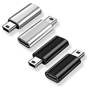 AreMe Mini USB 2.0 to USB C Adapter (4 Pack), USB Type C Female to Mini USB Male Converter Connector for Digital Camera, MP3 Players, Dash Cam, GPS Receiver and More (Black+Silver)