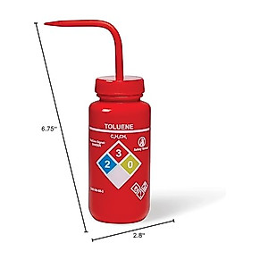 United Scientific™ UniSafe™ Laboratory Grade Wide Mouth LDPE Vented Chemical Wash Bottle, Toluene, 500mL (16oz), 4-Color, Pack of 6