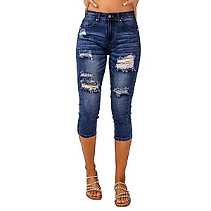 Vetinee Women's Maui Views Summer High Waisted Casual Ripped Distressed Skinny Slim Fit Stretch Cropped Denim Capri Jeans Size X-Large/16-18