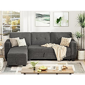 YESHOMY Sofa Bed Reversible Convertible Sleeper Pull Out Couches with Storage Chaise, Linen Fabric Furniture for Living Room, Bedroom, Apartment, Dark Gray
