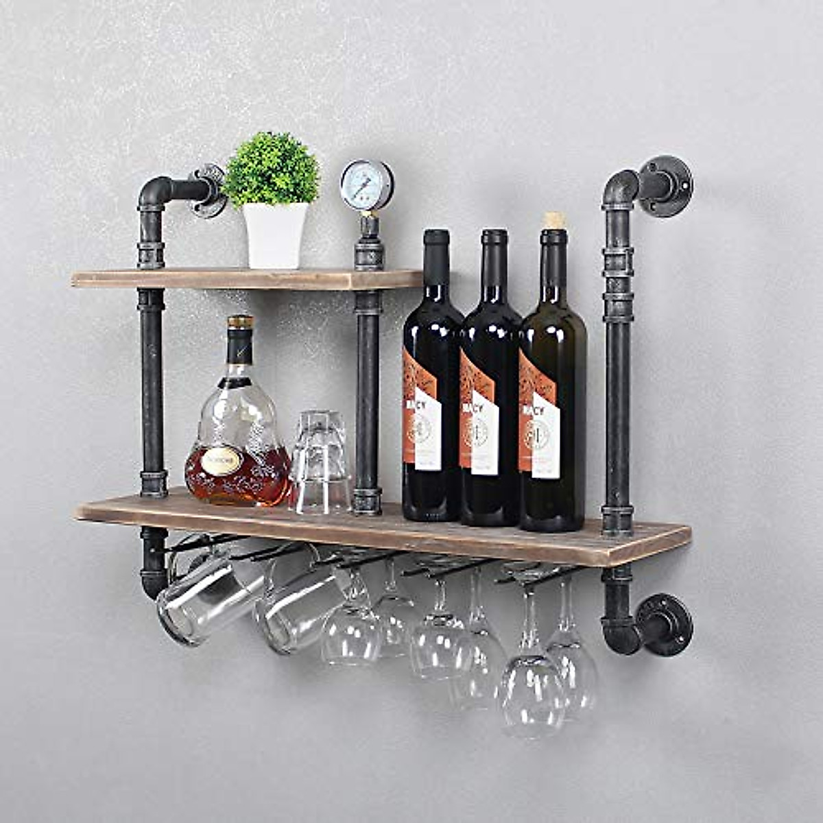 Industrial Wall Mounted Wine Rack,2 Tier Stemware Rack,Wine Bottle Stemware Glass Rack,Mugs Racks,Bottle & Glass Holder,Wine Storage Display Racks,Home & Kitchen Décor(28inch)