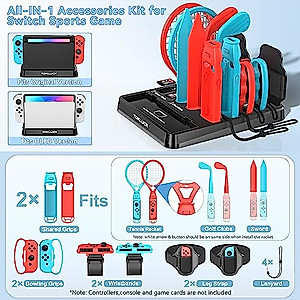 Switch Sports Accessories Bundle with Organizer Station Compatible with Nintendo Switch/ OLED Console & Joy-con, Storage and Organizer for Switch Sports Games, Family Sports Games Pack Accessories Kit