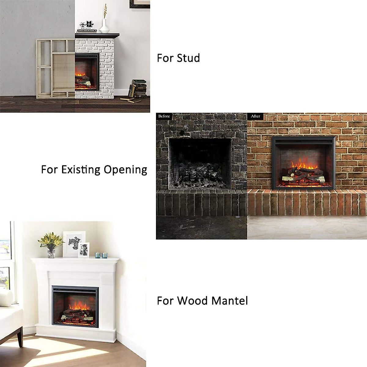 RICHFLAME Gavin Electric Fireplace Insert with Log Speaker, Designed for Stud, Wood Burning Opening, Cabinet & Wood Mantel, Remote Control, 750/1500W, Black, 33 5/64 Inches Wide, 21 Inches High