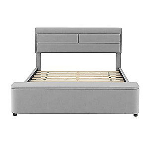 TARTOP Queen Size Upholstered Bed with Storage Headboard and Footboard, Velvet Queen Platform Bed Frame, Wood Support Legs, No Box Spring Needed,Gray