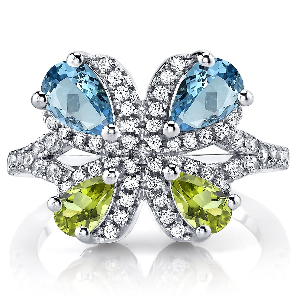 PEORA Swiss Blue Topaz and Peridot Butterfly Ring for Women 925 Sterling Silver, Natural Gemstones, 1.50 Carats total, Size 5 - August Birthstone Gift, Real Peridot Jewelry