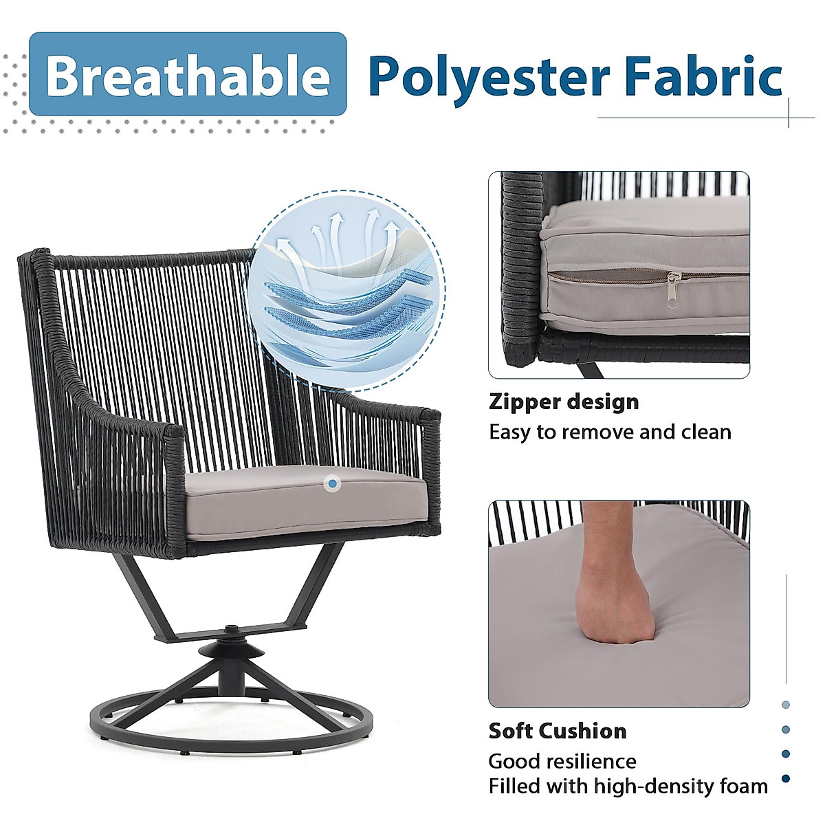 JOIVI Outdoor Swivel Patio Chair Set of 2, Rattan Dining Chairs with Armrest and Cushions, Outdoor Swivel Chair with Iron Frame for Garden, Lawn, Porch, Balcony