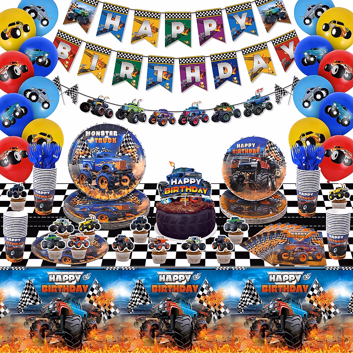 Monster Truck Birthday Decorations Supplies Serves 24 Guests, Machines Jam Birthday Party Tableware with Birthday Banners, Tablecloth, Plates, Cups, Napkins, Forks for Boys Birthday