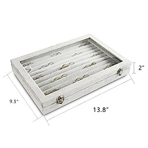 Frebeauty Rings/Earrings Organizer Tray with Clear Lid 10 Slots Velvet Drawer Insert Jewelry Storage box with Glass lid Jewelry Display Case Showcase Gift for Girls Women (Grey, 10 Slots)