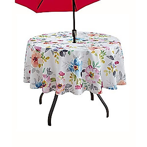 Benson Mills Spillproof Floral Spring/Summer Fabric Outdoor Tablecloth with Umbrella Hole, Zippered Table Cloth for Round Tables, Picnic/Patio (Harper, 70" Round with Umbrella Hole)