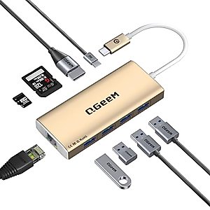 QGeeM USB C Hub Ethernet,9 in 1 USB Type C Hub HDMI Multi-Port Converter Adapter,100W Pd, USB 3.0,SD/TF Card Reader,Compatible for MacBook Pro Air Ipad HP Dell Lenovo Chromebook etc.-Gold