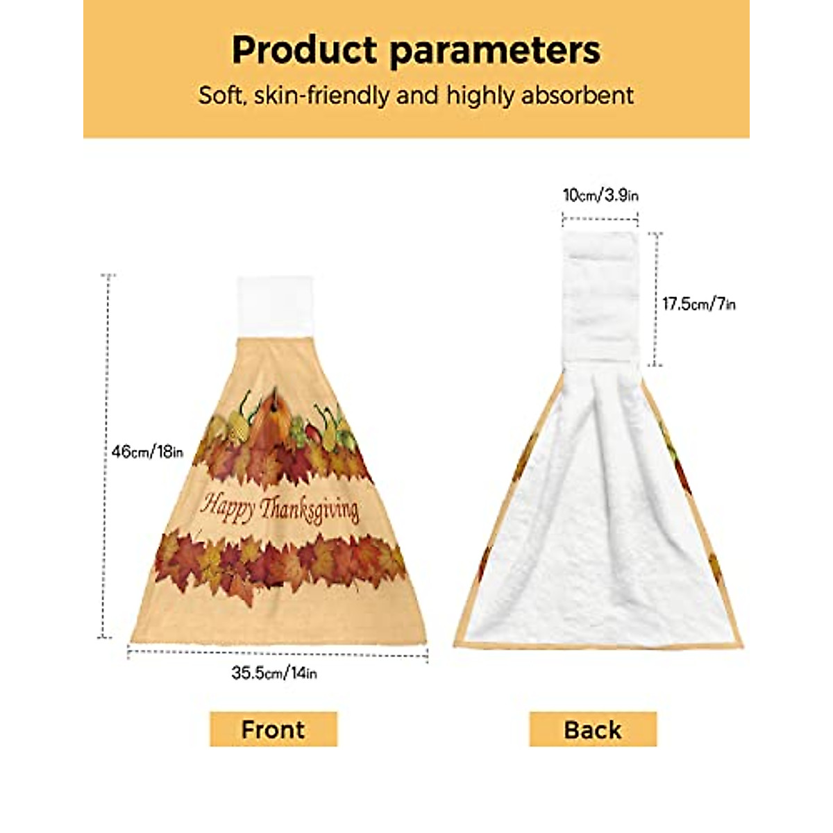 Happy Thanksgiving Orange Kitchen Hanging Towel Hand Towels with Loop, 1 Pack Soft Absorbent Tie Towel for Bathroom Farm Crops Pumpkin and Maple Leaves Tea Bar Dish Cloths Home Cleaning Terry