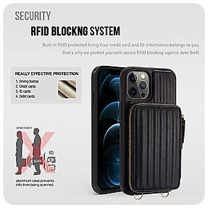 JLFCH for iPhone 12 Pro Max Wallet Case with Crossbody Chain Wrist Strap Card Holder Zipper Purse Compatible with Apple iPhone 12 Pro Max 6.7 inch - Black