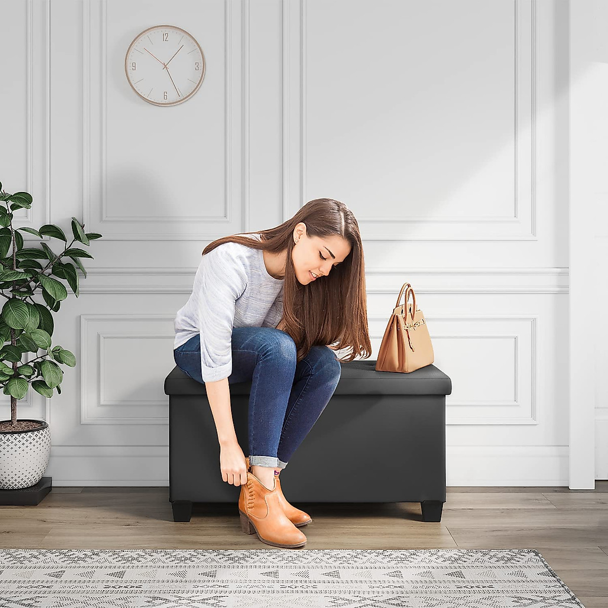 Hearth & Harbor Grey Faux Leather Storage Ottoman Bench with Removable Legs, 30-in, 660-lb Capacity