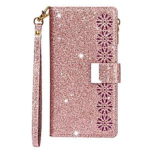 lefeda Wallet Case for Samsung Galaxy Z Fold 5, Sparkle Glitter PU Leather Phone Cover with Zipper Purse Card Slot and Wrist Strap Case for Women Girls,Gold