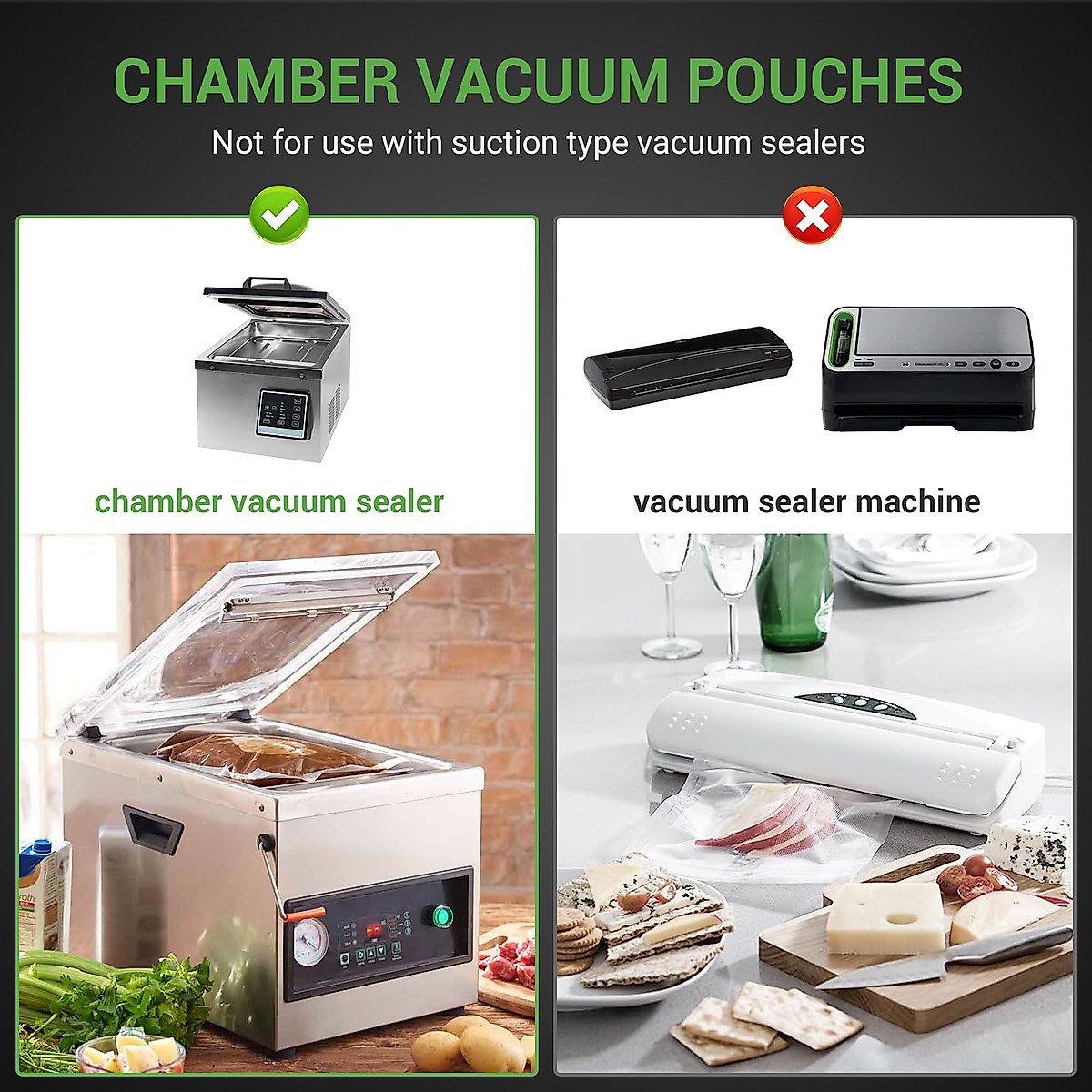 VTUUU Chamber Vacuum Sealer Bags 260 Quart size 8" x 12", Pint Size 6" x 10" For Vacuum Chamber Bags Pre-Cut Chamber Vacuum Bags- BPA-Free -Heavy Duty Chamber Machine Pouches