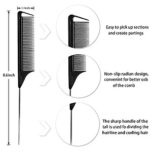 Rat Tail and Parting Combs with Styling Clips: 3 Metal Teasing Combs for Braids, 7 Professional Sectioning Hair Clips