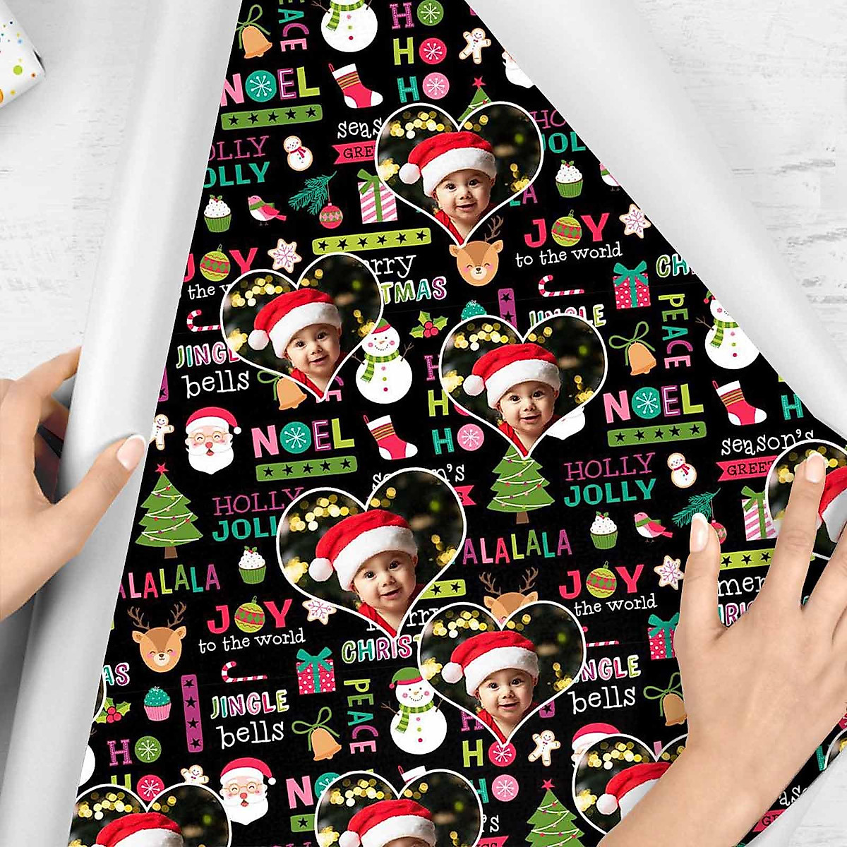 Jaydouble Custom Christmas Wrapping Paper Rolls for Adult Kids Customized Gift Wrap Paper for Boys Girls Personalized Photo Wrapping Paper for Son Daughter Black Wrapping Paper 58"x 23"