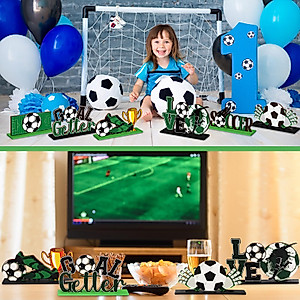 Suzile 6 Pcs Soccer Ball Table Wooden Decorations Green Black Table Centerpiece Sign Soccer Football Theme Party Detachable Tabletop Decor Photo Props for Boys Kids Birthday Party Supplies