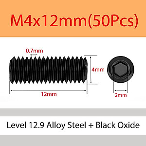 ORANXIN Socket Cap Set Screws Level 12.9 Alloy Steel Cup Point Hex Headless Grub Screw Allen Knobs M4 x 12mm 50 Pcs