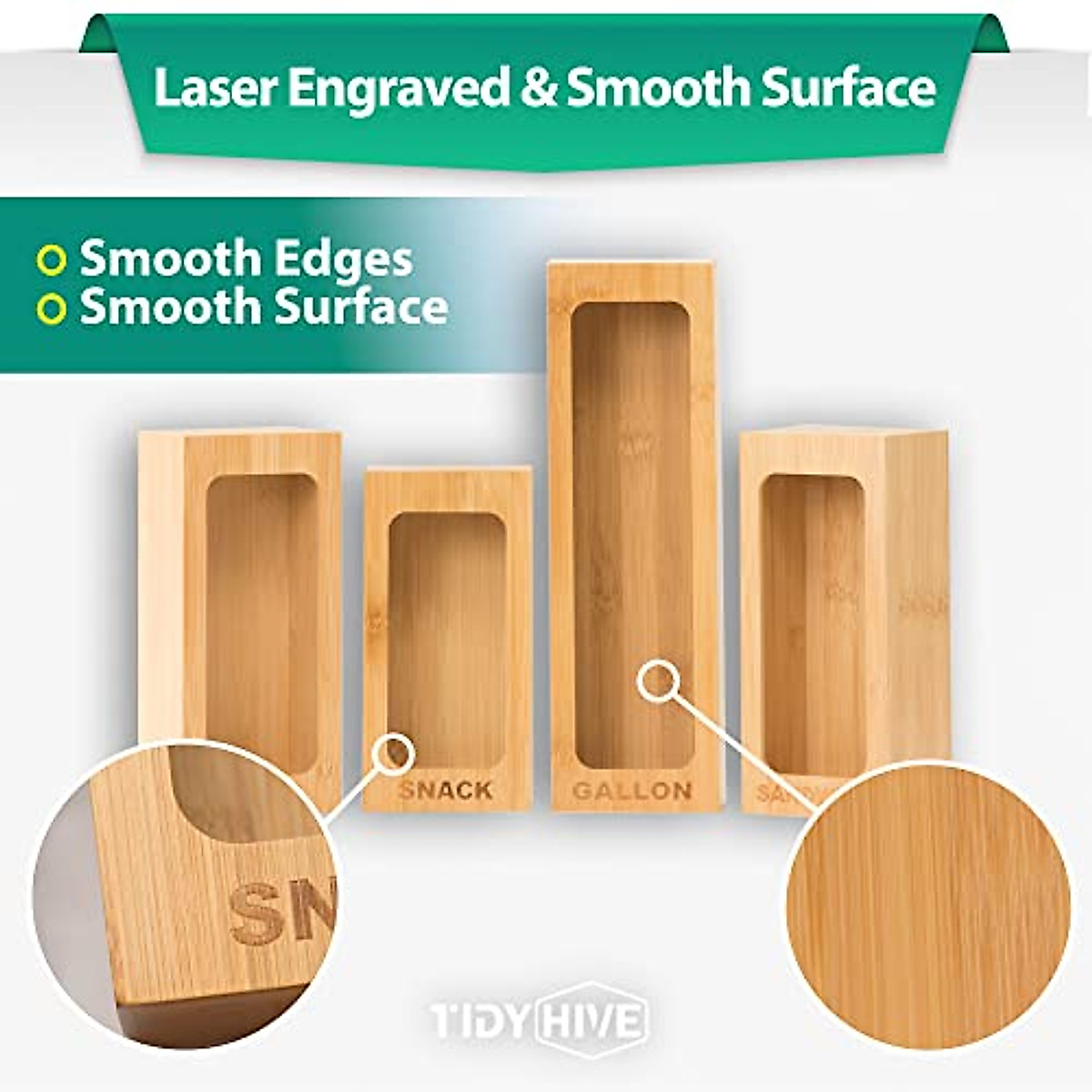 TIDYHIVE - Ziplock Bag Storage Organizer - Kitchen Organizer for Sandwich Bags, Quart, Gallon, Snack – Natural Wood Plastic Bag Organizer – Space Saving and Practical Solution