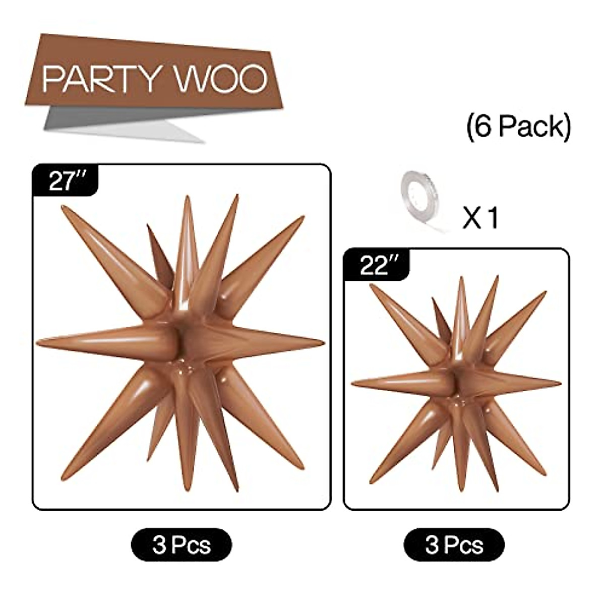 PartyWoo Brown Star Balloons 6 pcs, One-Piece 14-Pointed Starburst Balloons, 27 & 22 Inch Star Explosion Balloons with Ribbon, Star Foil Balloons, Large Star Balloons for Party