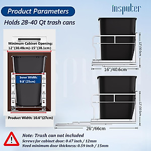 Insputer Pull Out Trash Can Under Cabinet with Soft-Close Slides, Heavy Duty Under Sink Trash Can Kit for Kitchen, Garbage Can Not Included, Requires Minimum Cabinets Opening 12" W X 18" D