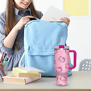 Generic Insulated Tumbler, 1 Sets 40 oz Tumbler with Handle and Straw Lid, Insulated Cup Reusable Stainless Steel Water Bottle Mug Cups,40 Oz Tumbler with Handle, Pink Kitty (Pink)