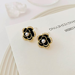 Imitation Pearl Stud Earrings,925 Sterling Silver Stud Earrings, Black Earrings for Women