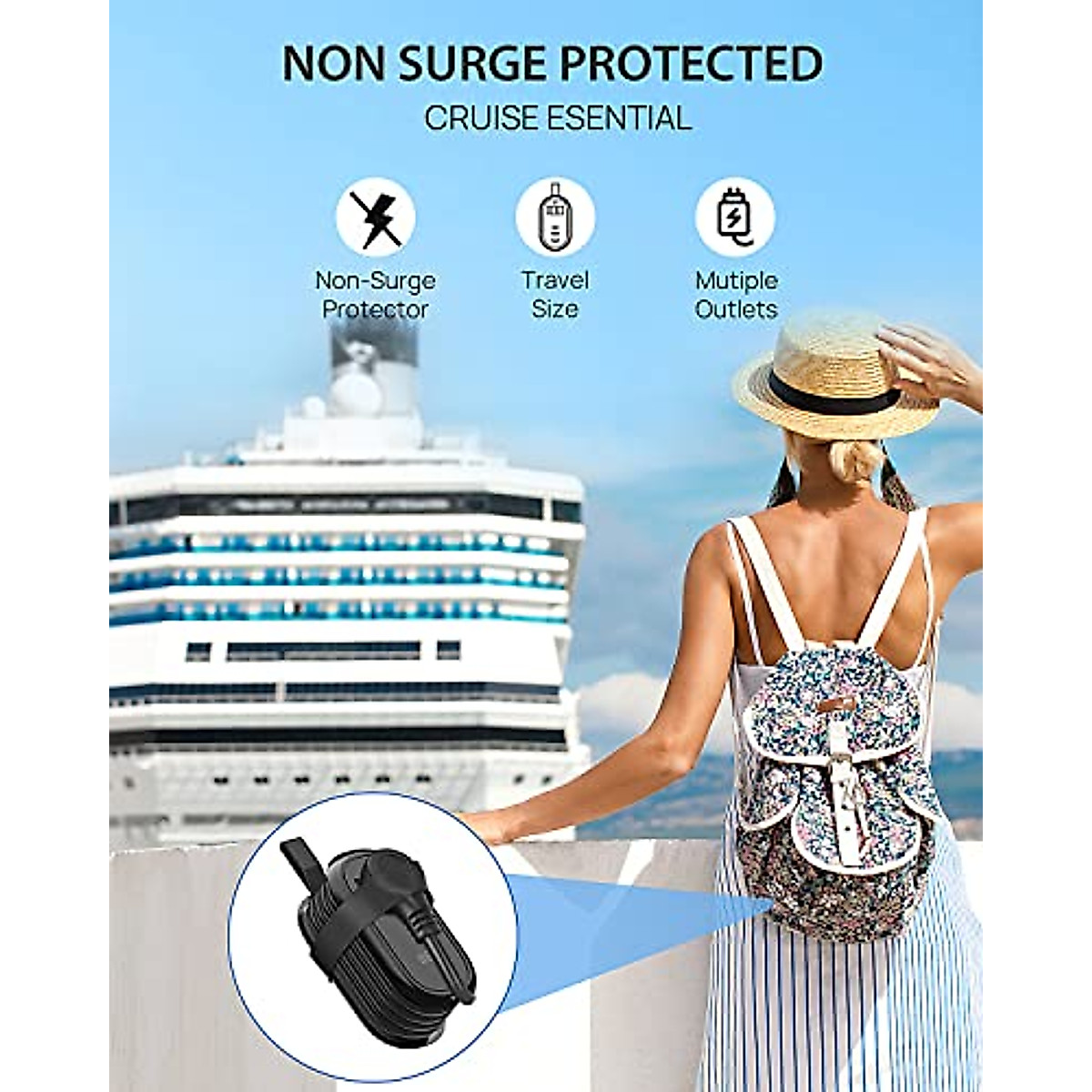 Travel Power Strip with USB Ports, Portable Small Power Strip with 4FT Wrapped Flat Plug Extension Cord, 2 Outlets 3 USB Ports(1 USB C), Non Surge Protector for Cruise Ship Hotel