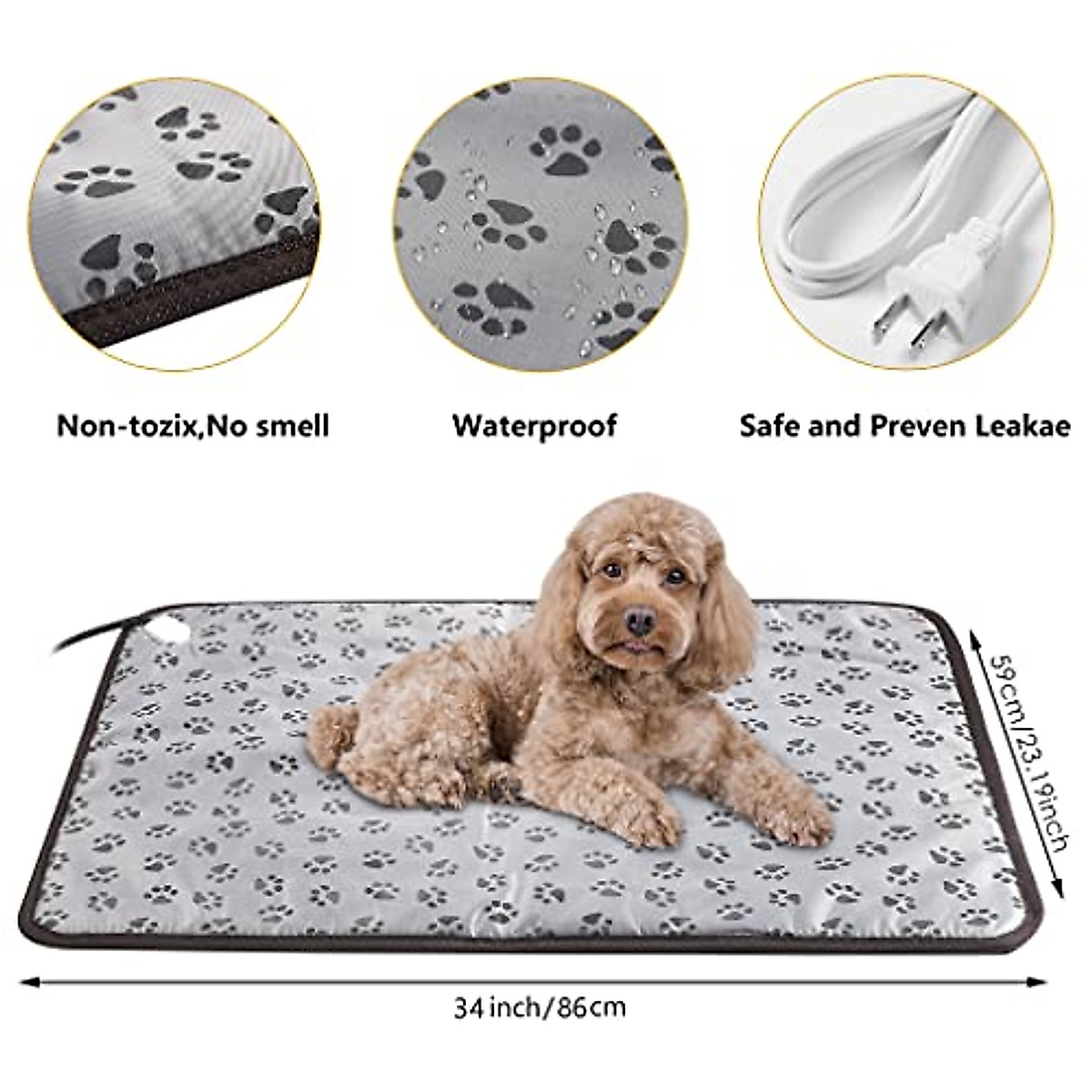 TJOY Pet Heating Pad Large Dog Heating Pad Electric Heated Pet Bed for Cats and Dog Warming Mat with Chew Resistant Cord & Waterproof Layer (34"x21"(Footprint))