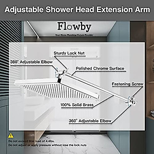 Flowby 𝟭6'' 𝗘𝘅𝘁𝗿𝗮 𝗟𝗼𝗻𝗴 Adjustable Solid Brass Chromed Shower Head Extension Arm, With Setting Screw and Locking Nuts, Extra Load of Weight, Height and Range Adjustable, Easy Installation